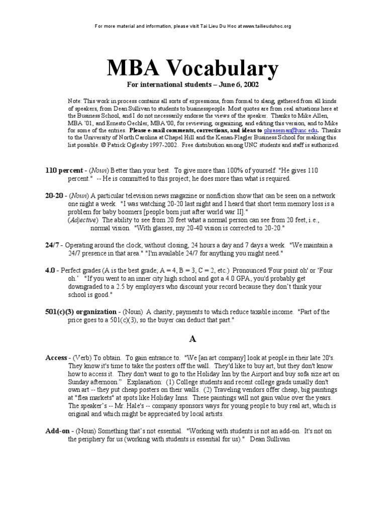 MBA Vocabulary: For International Students - June 6, 2002 | PDF ...