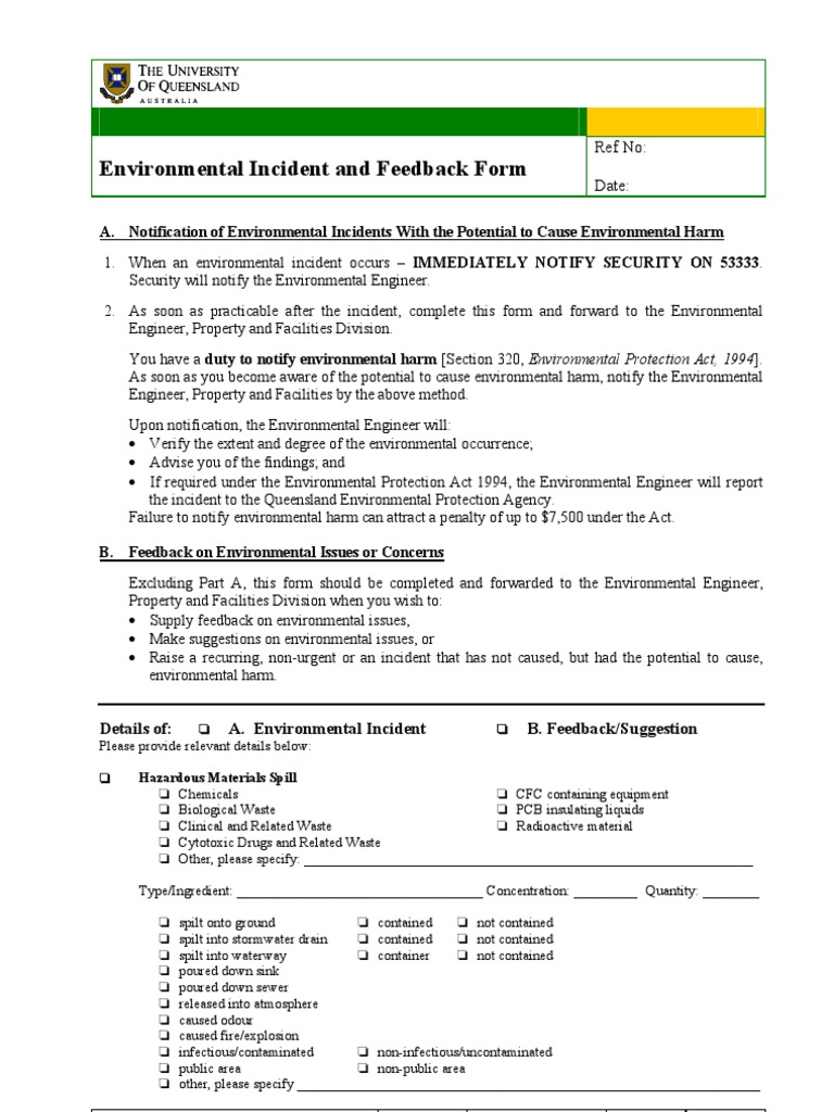 AU Queensland Environmental Incident Report Form | PDF | Environmental ...