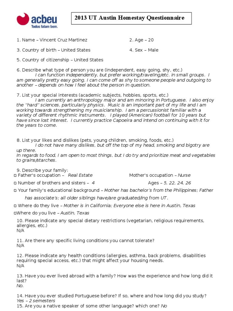 Homestay Questionnaire 2013 | PDF | Sibling | Brazil