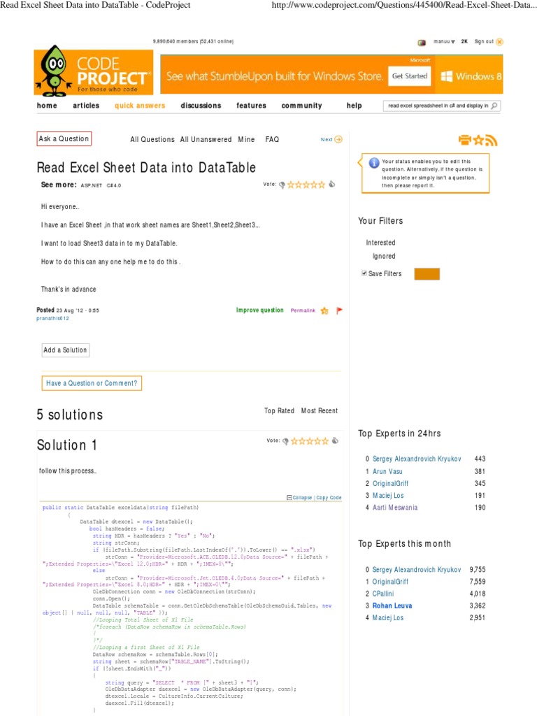 Read Excel Sheet Data Into Datatable Codeproject Pdf Microsoft Excel Computing 