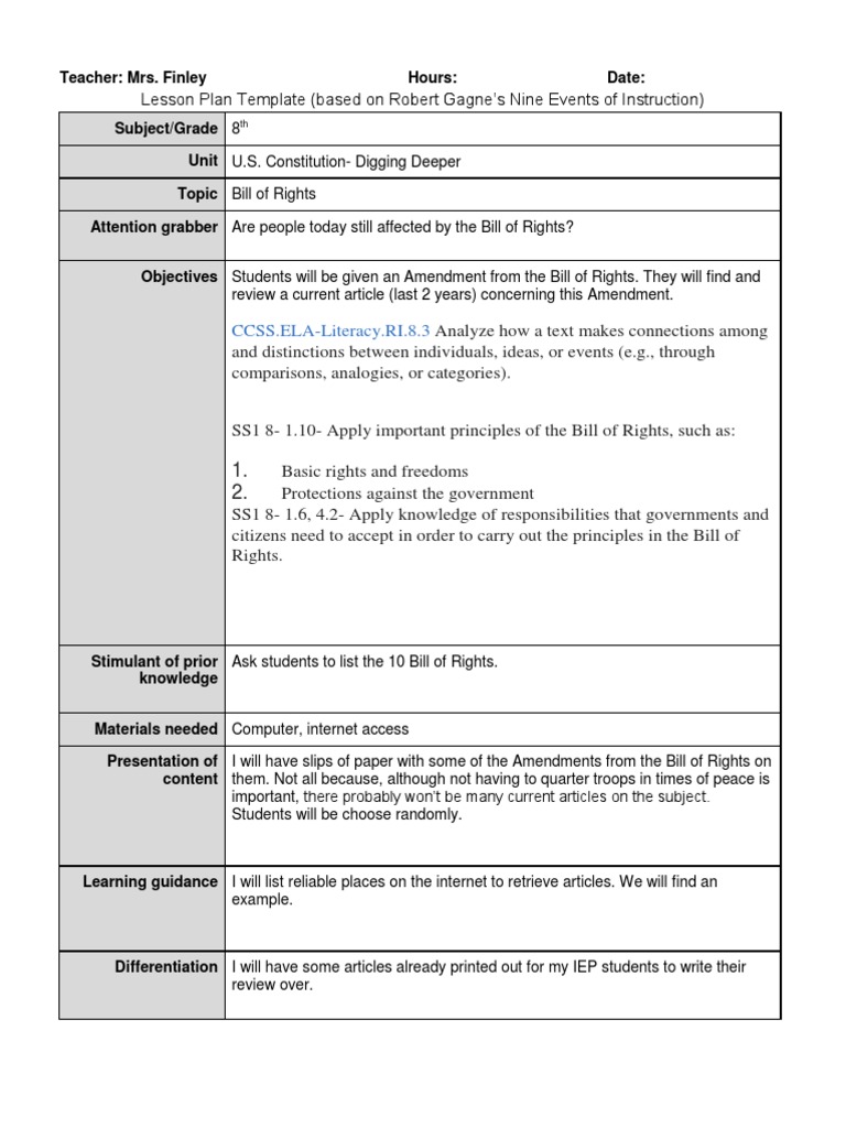 Bill of Rights Lesson Plan for 8th Grade | PDF