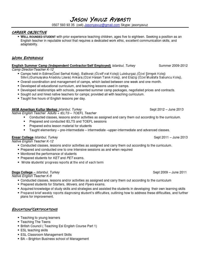 Esl Resume Examples
