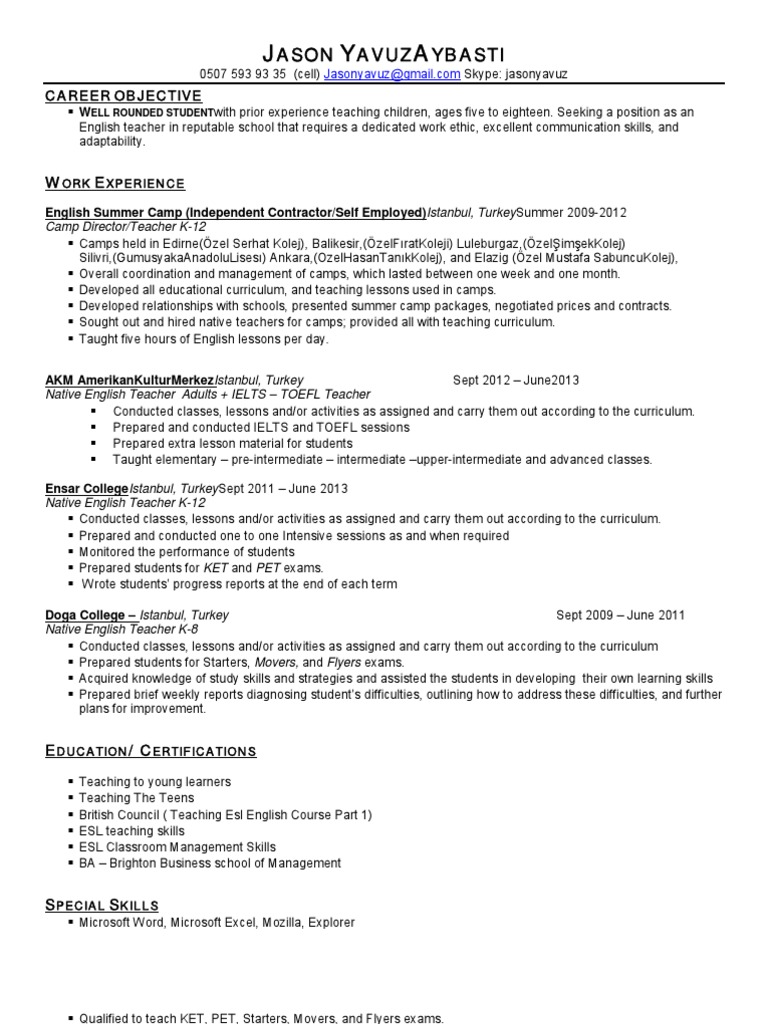 Sample ESL Resume | PDF | English As A Second Or Foreign Language ...