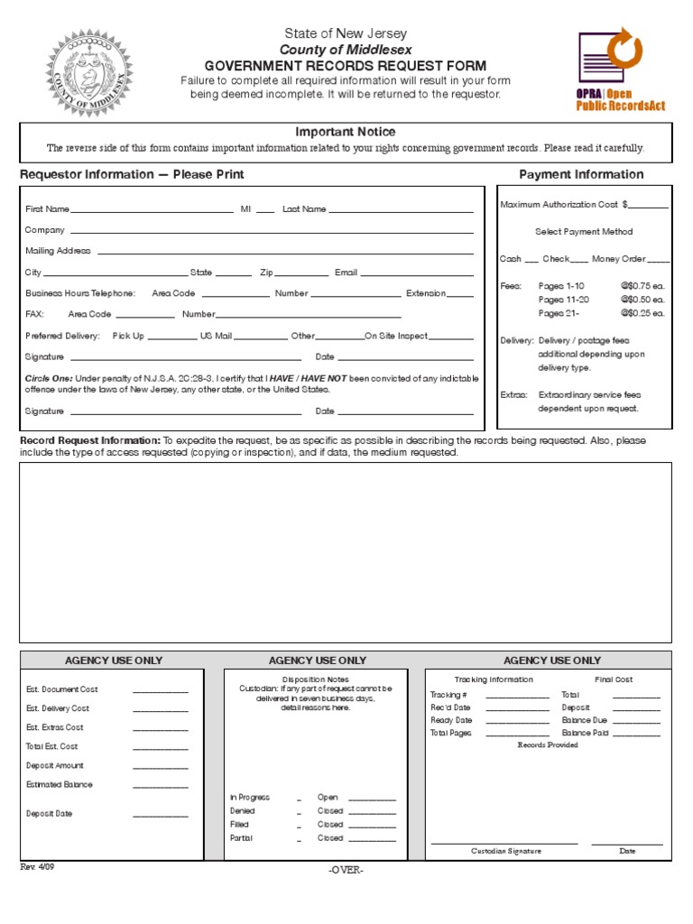 Middlesex County OPRA Form | Download Free PDF | Fee | Mail