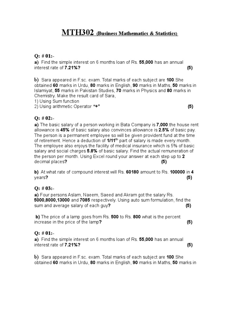 Mth302 Business State Math Short Questions Vuabid | PDF | Standard ...
