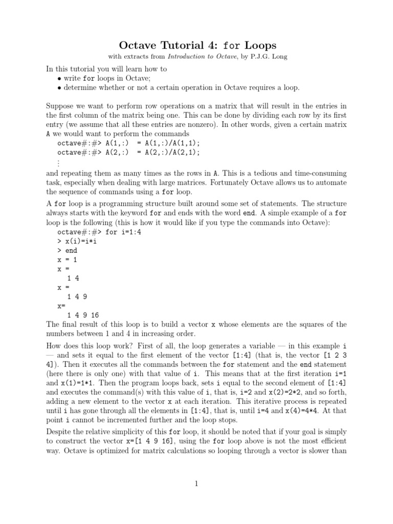 Octave Tutorial 4: For Loops: With Extracts From Introduction To Octave, by P.J.G. Long | PDF ...