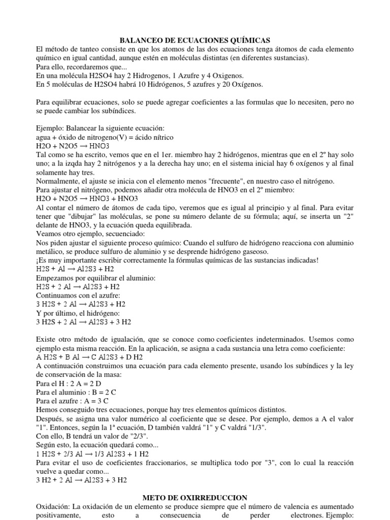 Balanceo de Ecuaciones Químicas | PDF | Estequiometría | Redox