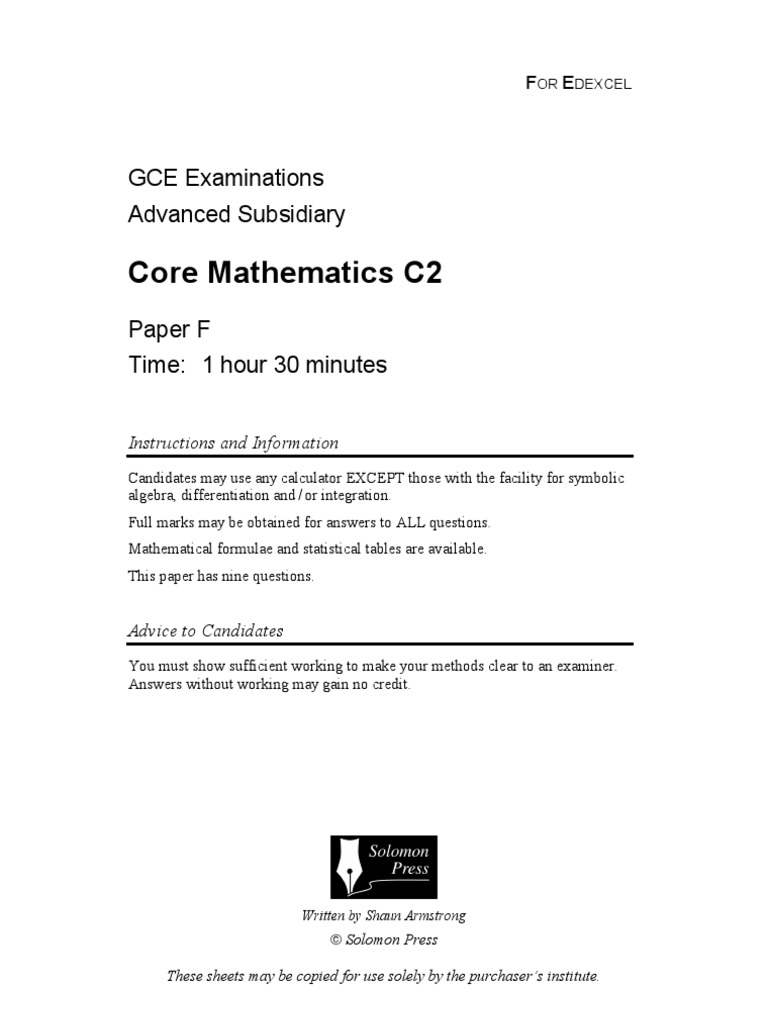 Core Mathematics C2: GCE Examinations Advanced Subsidiary | PDF