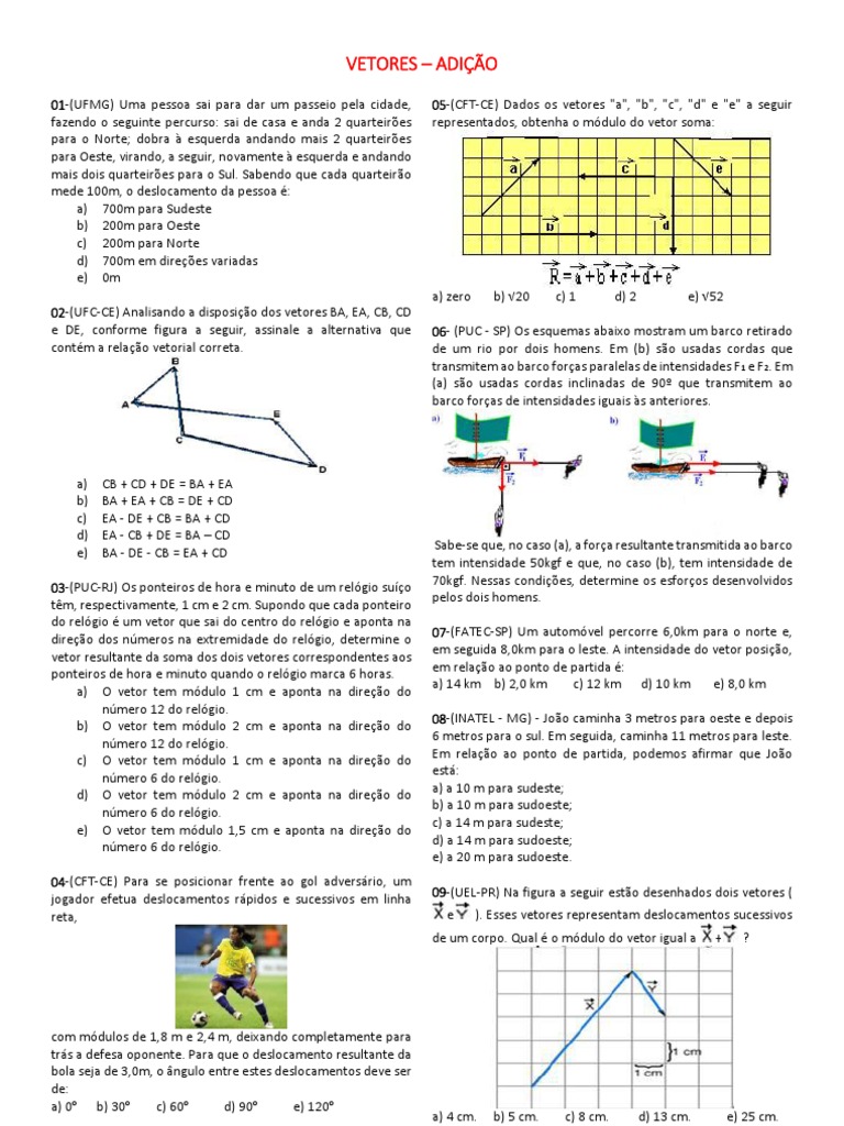 Lista De Exercícios Vetores Adição Pdf Deslocamento Vetor