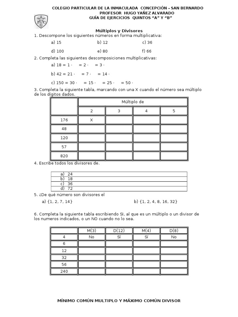 Guía de Ejercicios: Múltiplos y Divisores | PDF | Matemáticas discretas ...