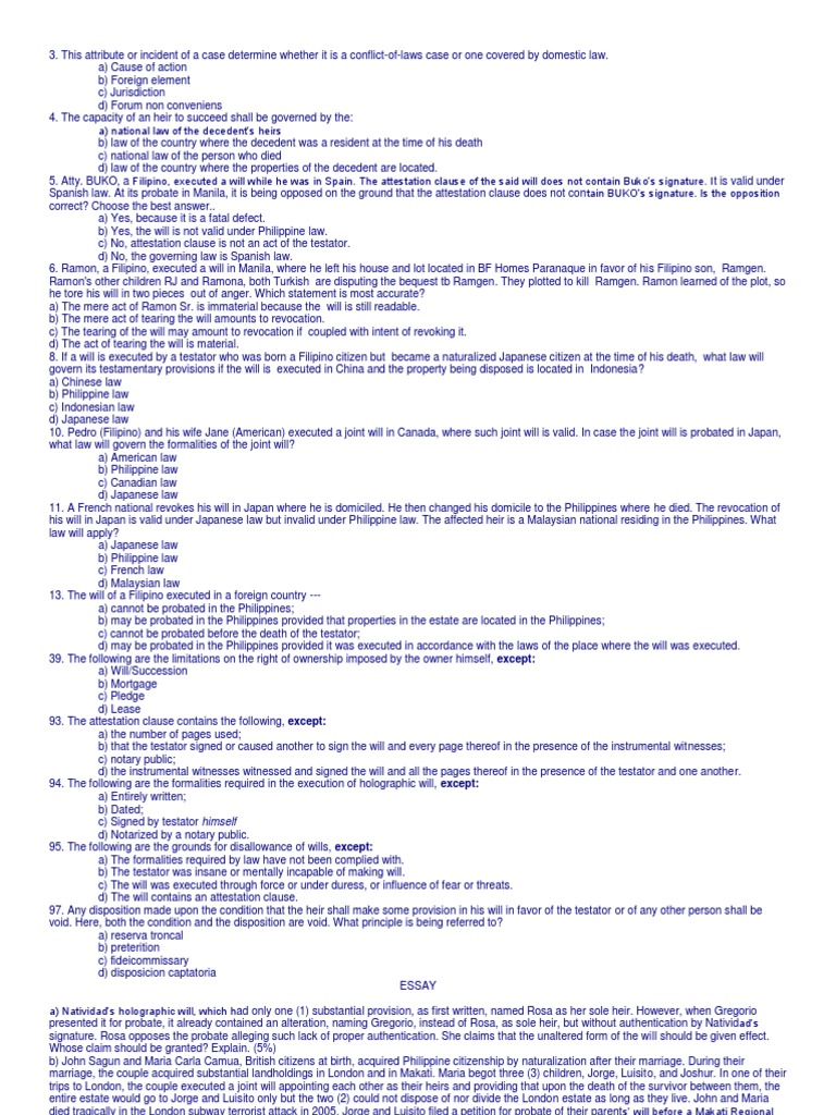 Bar Exam Question WILLS and SUCCESSION | PDF | Will And Testament ...