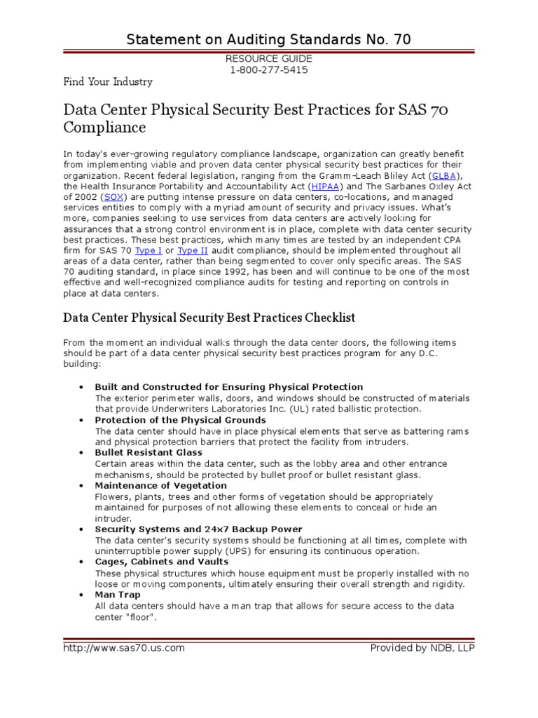 Data Center Physical Security Best Practices For SAS 70 Compliance | PDF