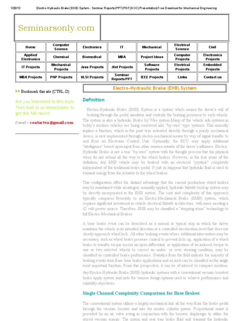 Electro-Hydraulic Brake (EHB) System - Seminar Reports - PPT - PDF ...