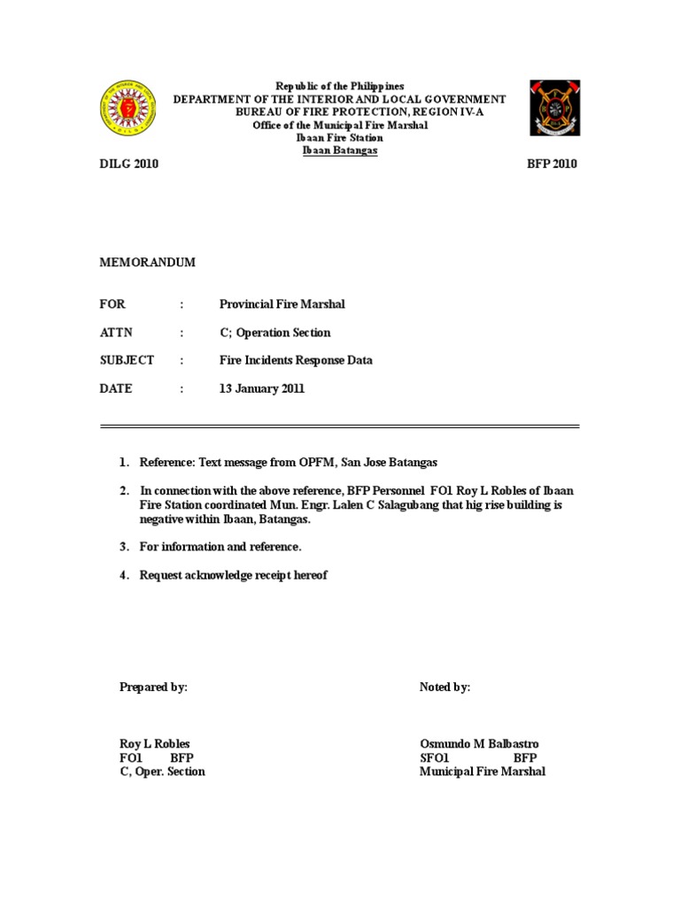 Ibaan Fire Station Incident Response Memo | PDF
