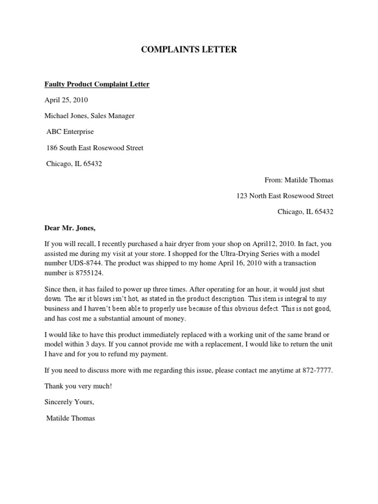 Complaint Letter Product