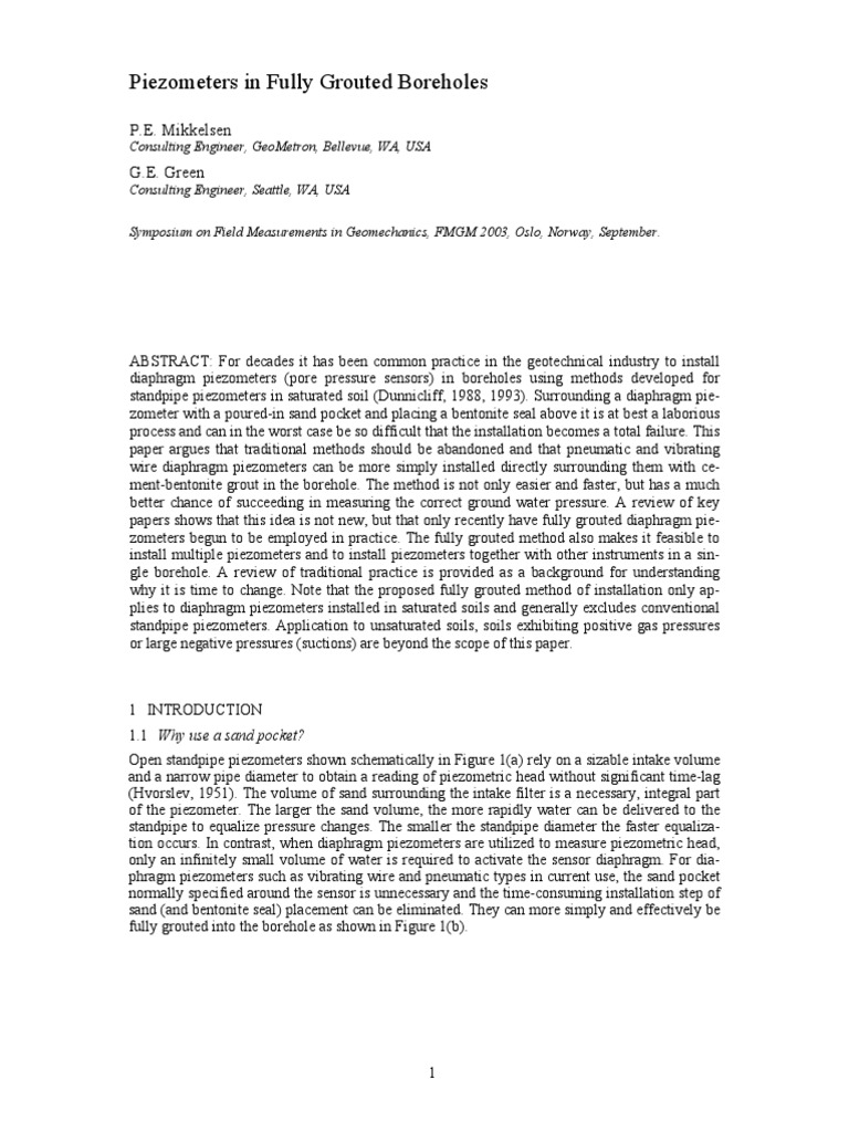 Piezometers in Fully Grouted Boreholes | PDF | Porosity | Cement