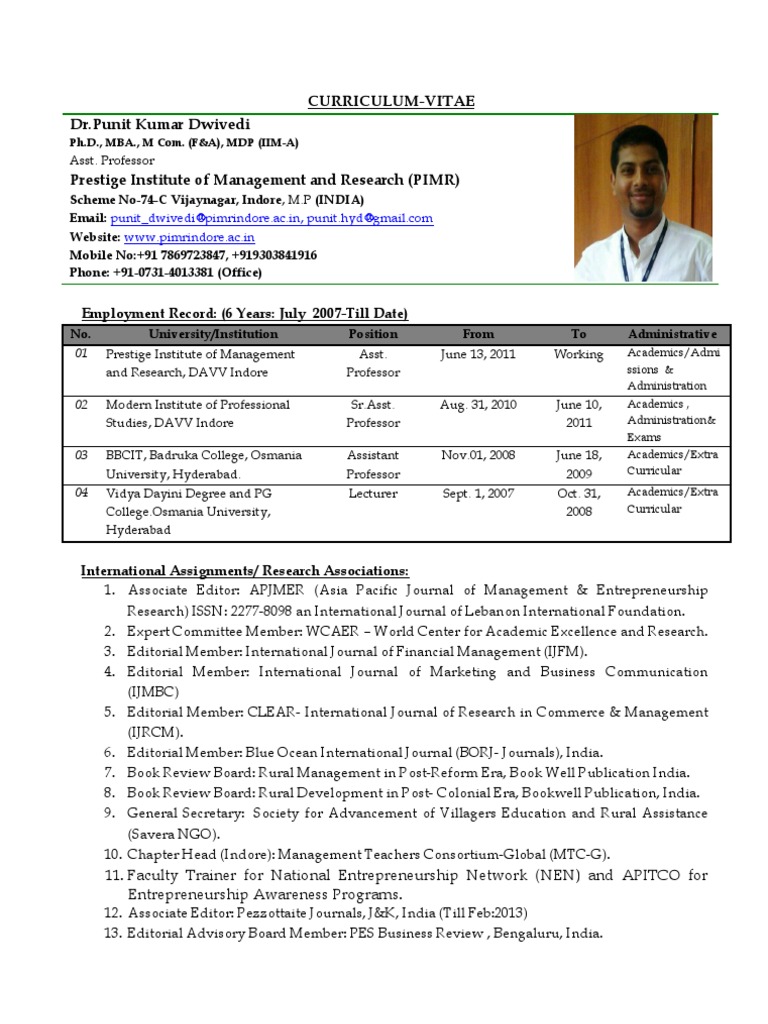 Dr. Punit Kumar Dwivedi CV-Aug-2013 | PDF | Economies | Further Education