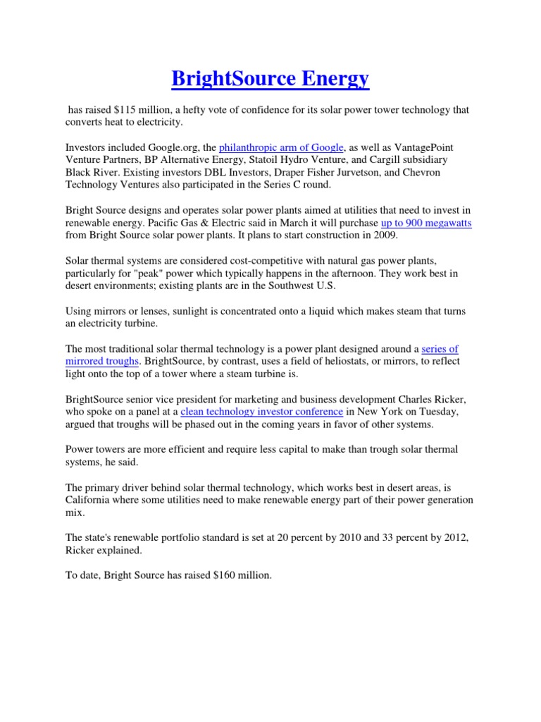 BrightSource Energy | PDF | Solar Energy | Power Station