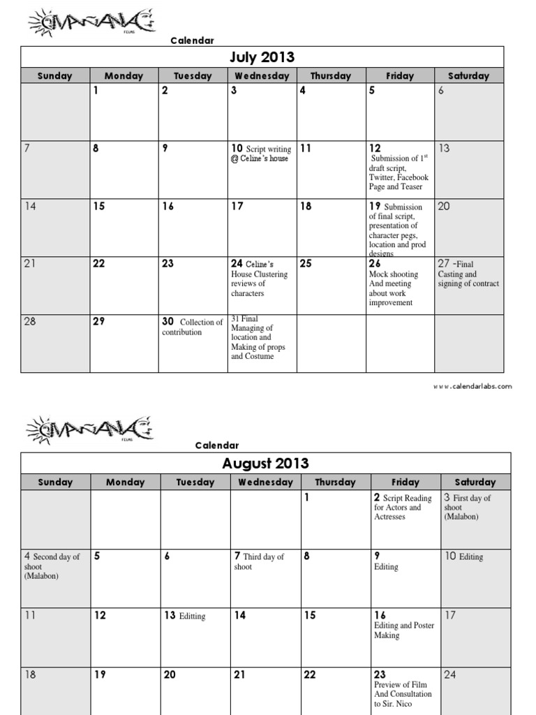 Film Production Schedule 2013 | PDF | Art