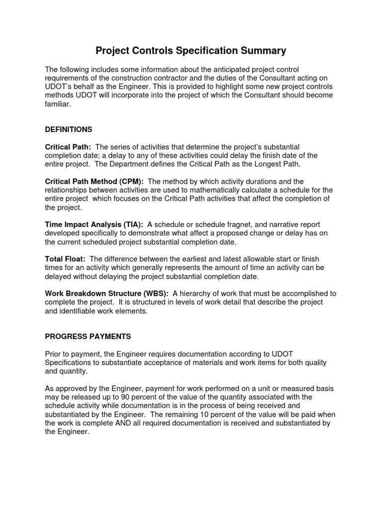 Project Controls Specification Summary | PDF | Engineering | Business