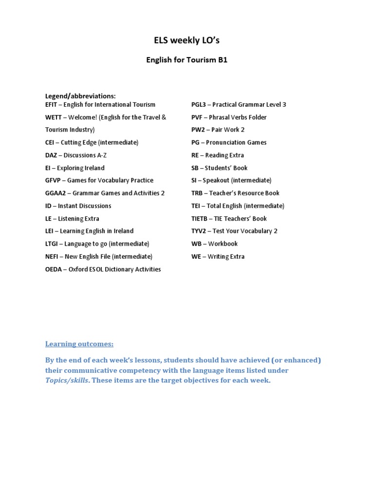 ELS English For Tourism Inter Sample Syllabus | PDF | English Language ...