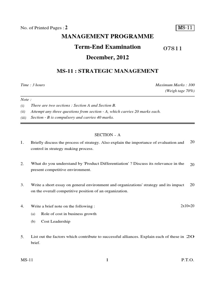 Strategic Management Exam Overview | PDF