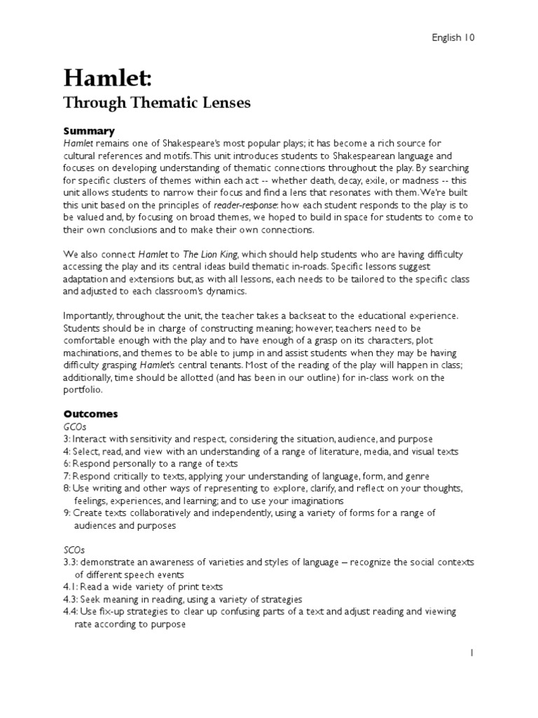 Hamlet: Unit Plan (Thematic) | PDF | Teaching And Learning