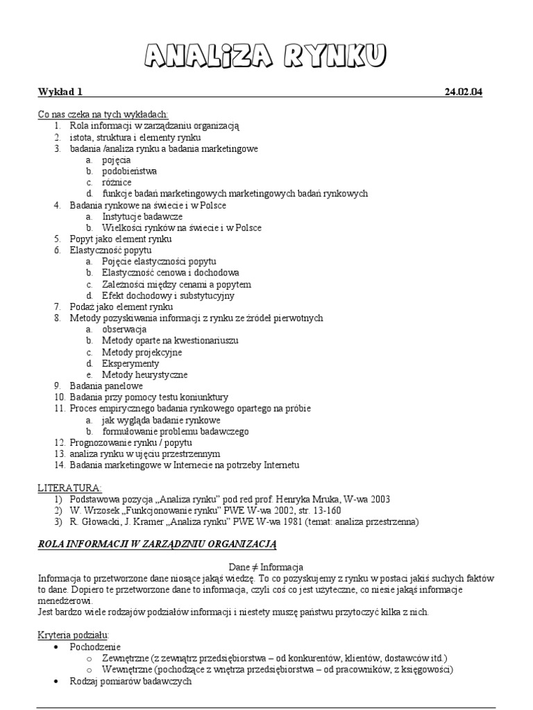 Analiza Rynku - Wyklady | PDF