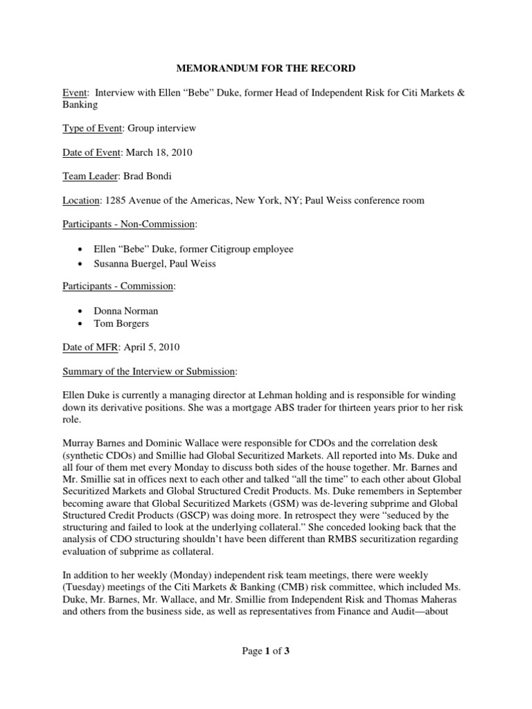 2010-03-18 FCIC Memo of Staff Interview With Ellen (Bebe) Duke ...
