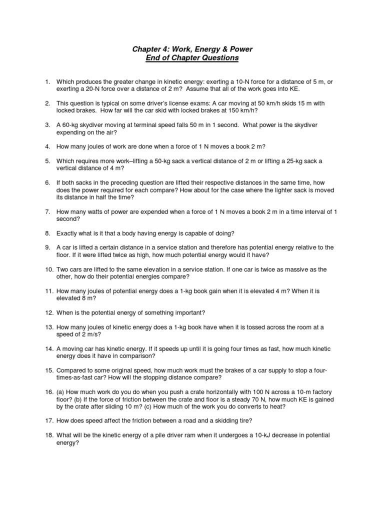 Chapter 4: Work, Energy & Power End of Chapter Questions | PDF ...