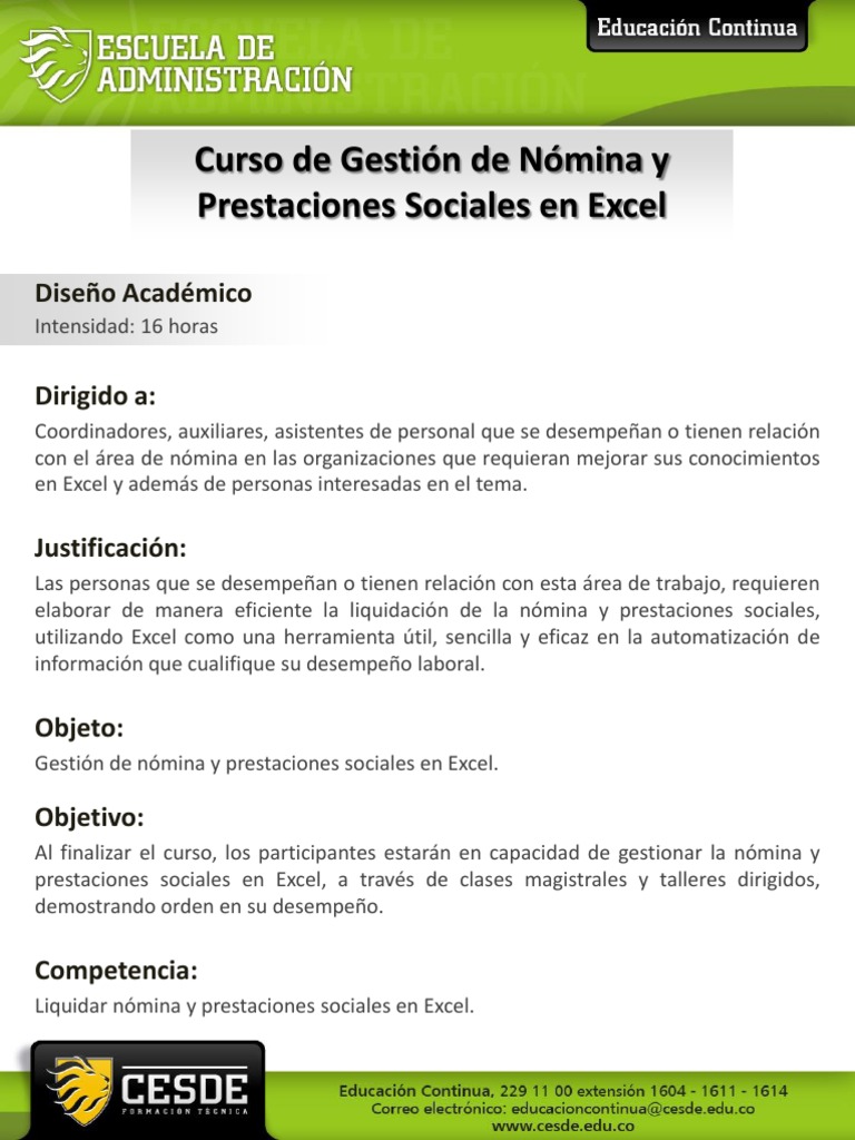 Curso De Excel Para Gestión De Nómina Pdf Microsoft Excel Cálculo