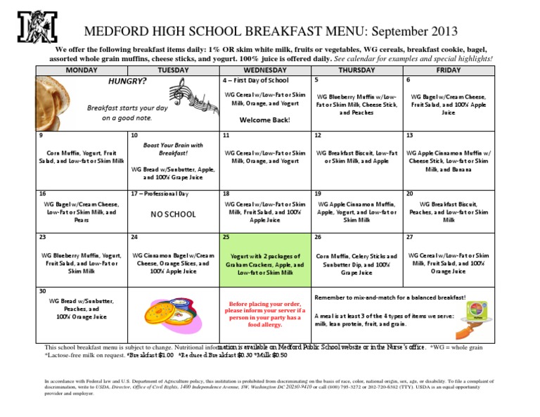 Medford High School Breakfast Menu: September 2013: Hungry? | PDF ...