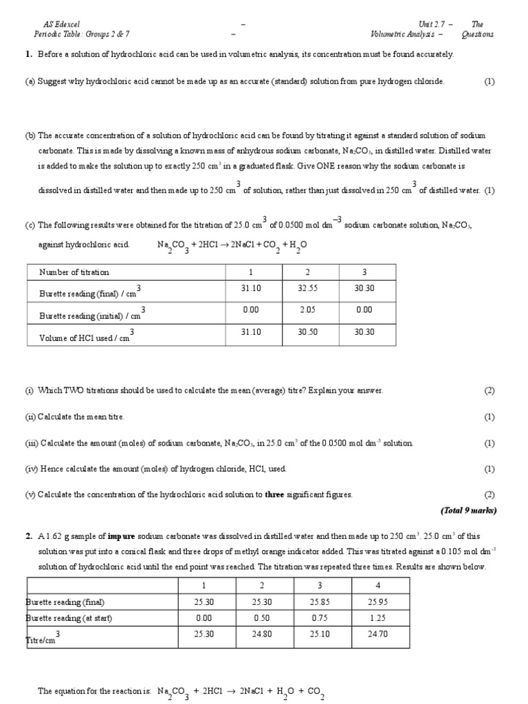 Volumetric Analysis Questions | PDF | Titration | Chemistry
