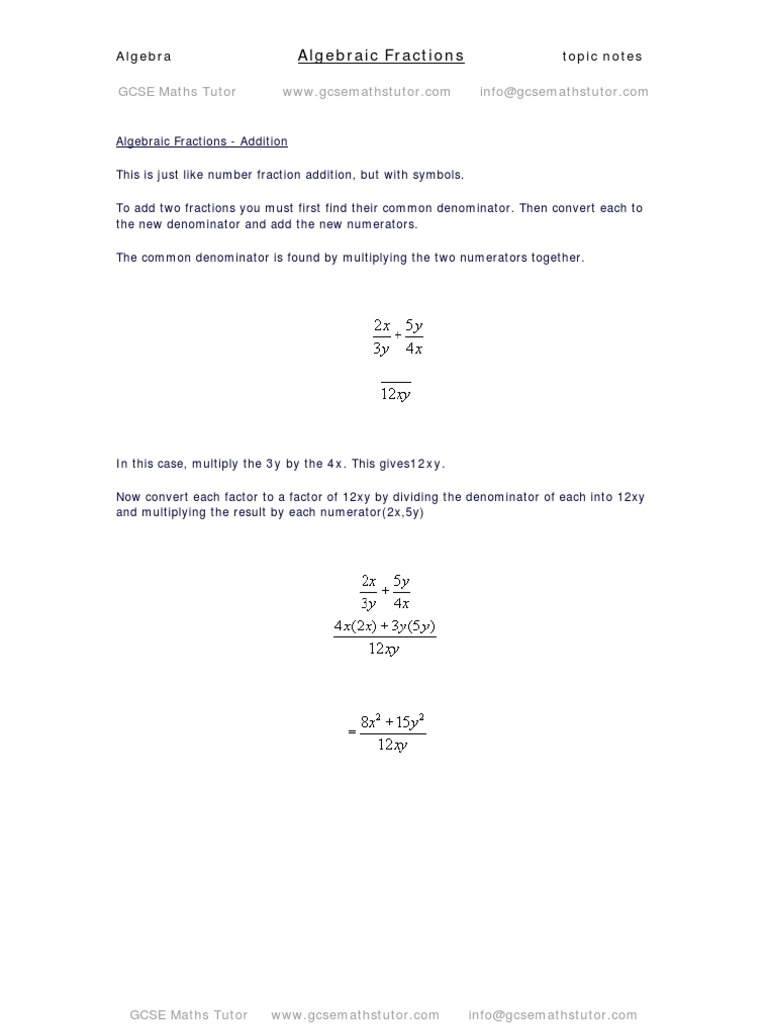 Algebraic Fractions, Algebra Revision Notes From GCSE Maths Tutor | PDF ...
