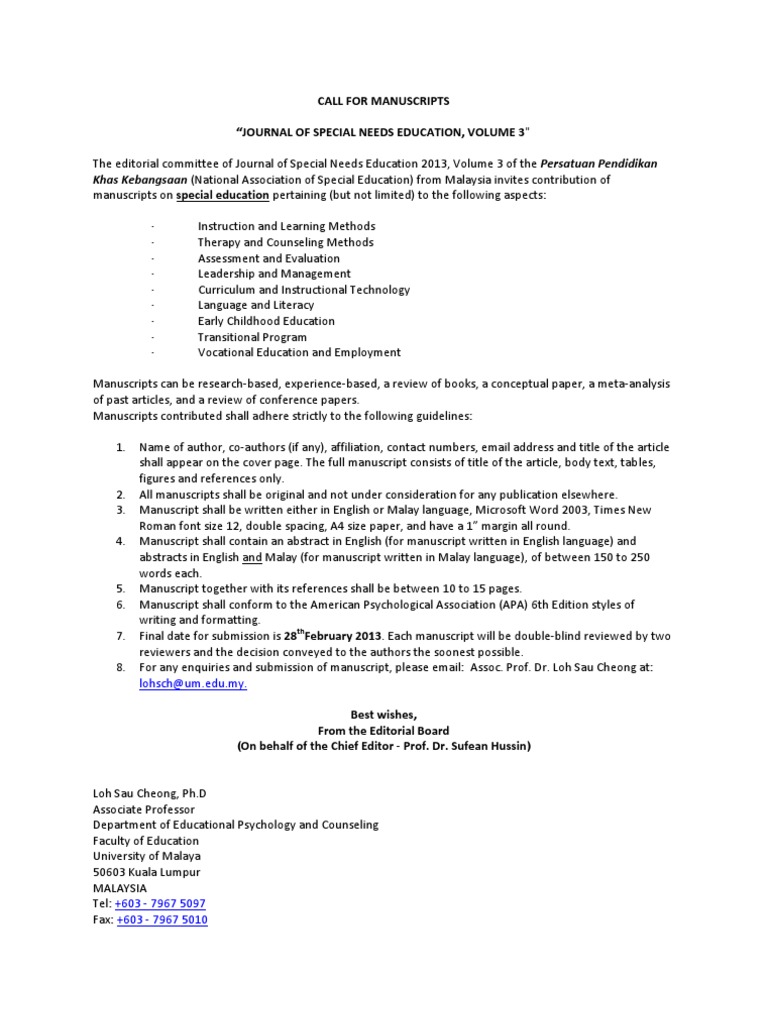Call for Manuscripts: Special Needs Education | PDF