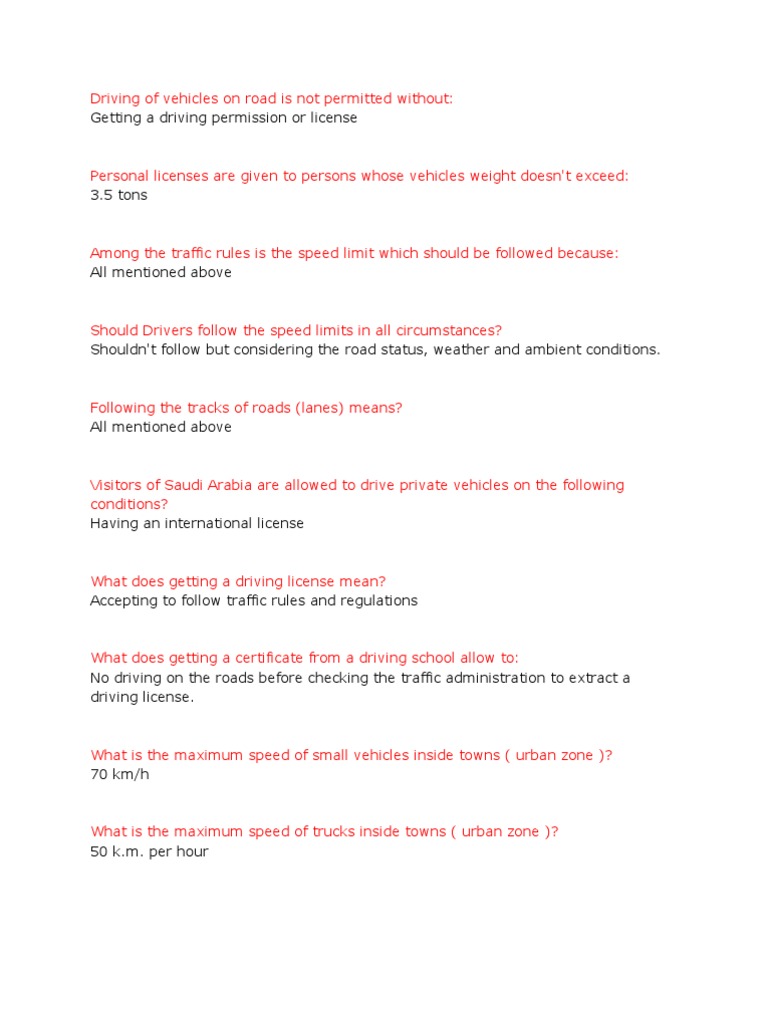 Saudi Arabia Driving Test Queries & Answers | PDF | Traffic | Traffic ...
