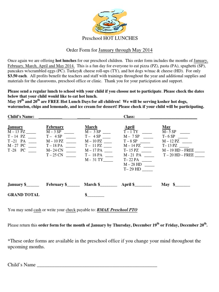 Preschool Hot Lunch Order Form 2014 | PDF | Cooking, Food & Wine
