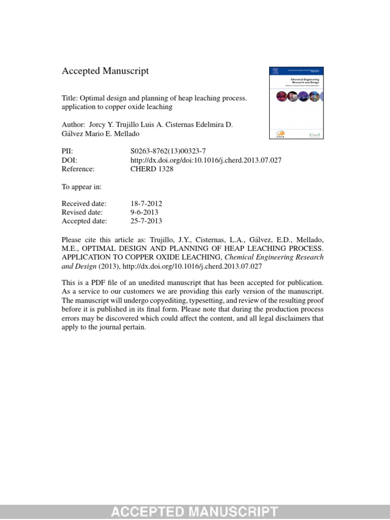 Optimal Design and Planning of Heap Leaching Process. Application To Copper Oxide Leaching | PDF ...