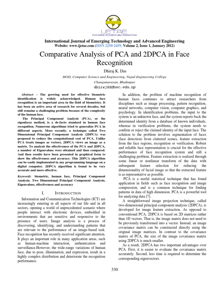 Comparative Analysis Of Pca And 2dpca In Face Recognition Pdf Principal Component Analysis