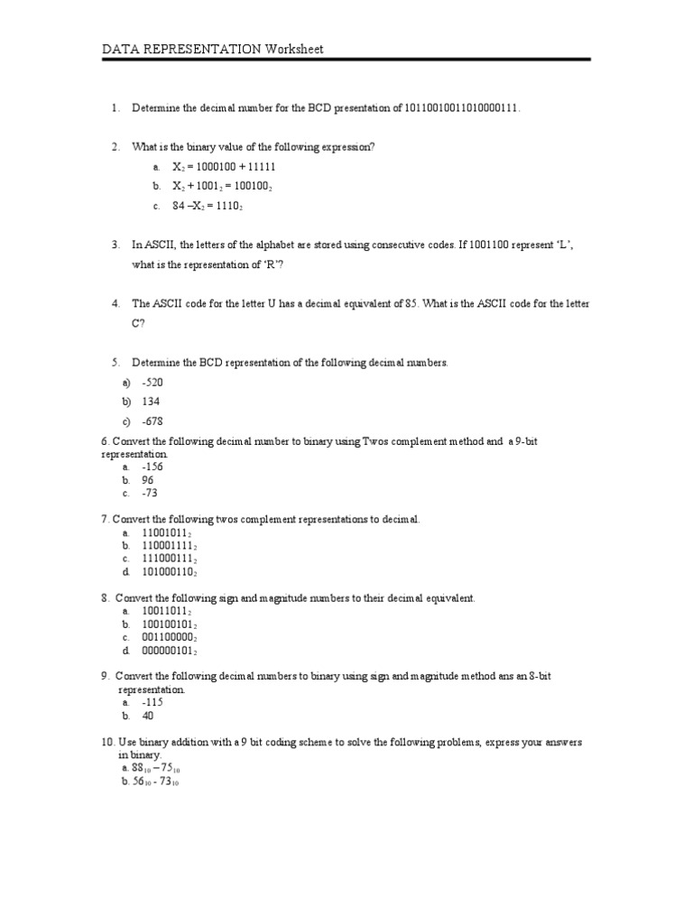 Data Representation Worksheet | PDF