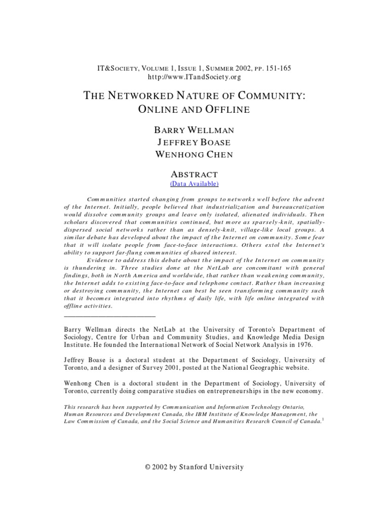 Wellman The Networked Nature Of Community Pdf Internet Access