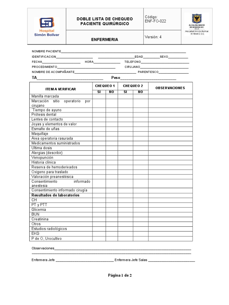 ENF-FO-022 Doble Lista de Chequeo Paciente Quirúgico V4 | Historial ...