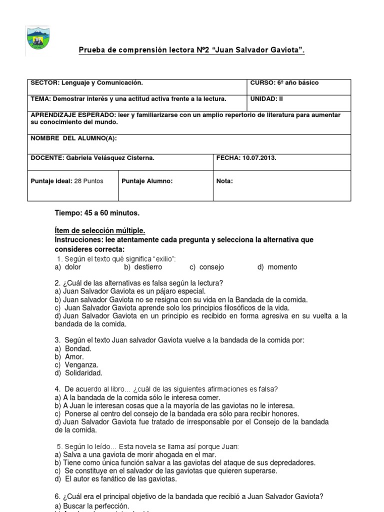 Prueba de comprensión lectora Nº2 juan salvador gaviota