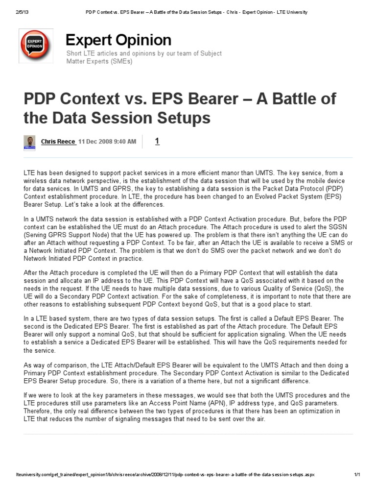 PDP Context vs. EPS Bearer | PDF | Data Transmission | Telecommunications
