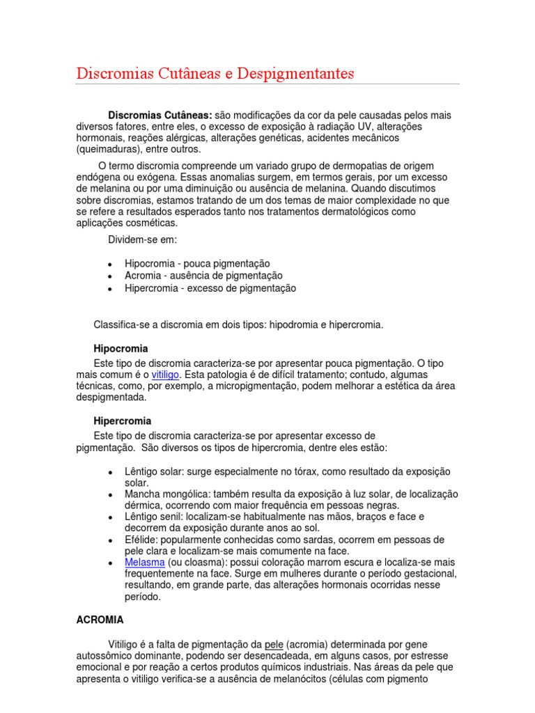 Discromias Cutâneas e Tratamentos Despigmentantes | PDF