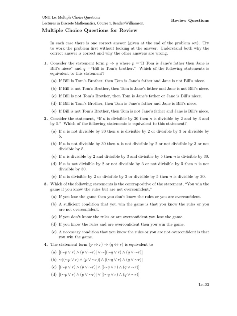Discrete Mathematics Multiple Choice Questions: Logical Equivalences ...