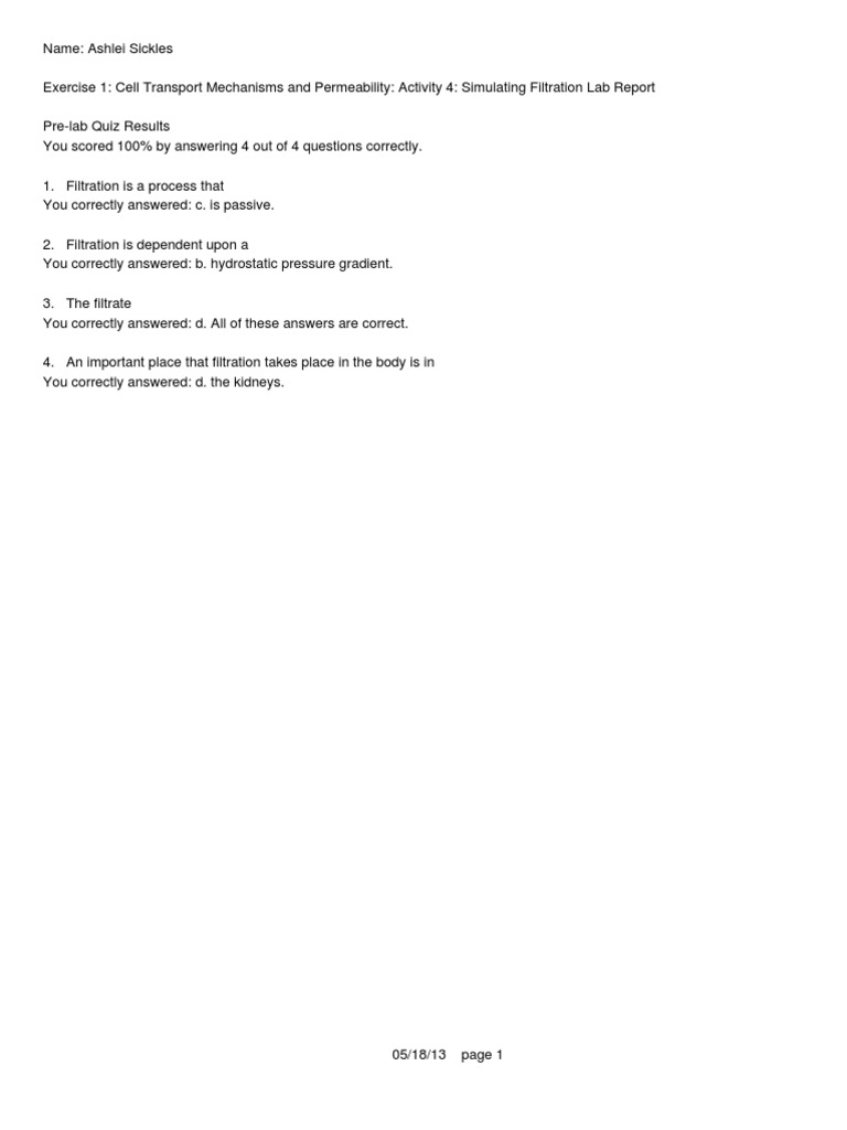 Physioex 9.0 Exercise 1 Act 4 | PDF | Filtration | Chemistry