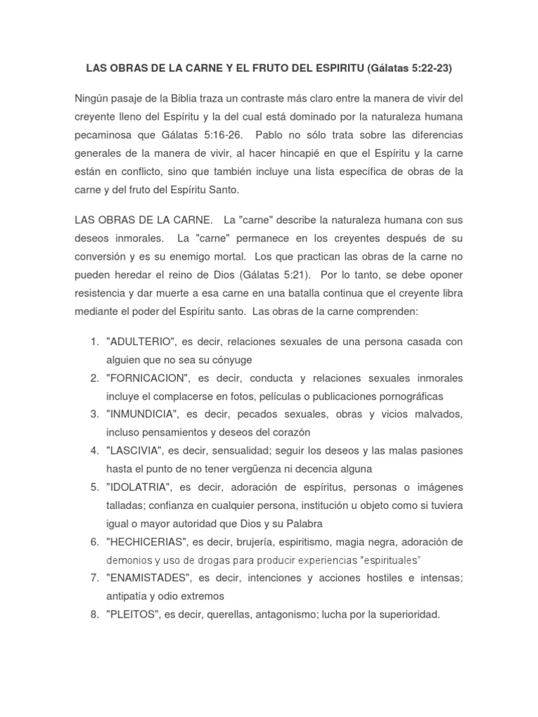 Las Obras de La Carne y El Fruto Del Espiritu | PDF | Pecado | espíritu ...