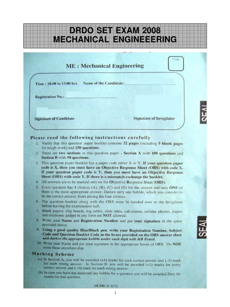 DRDO Entry Test 2008 Mechanical Engineering Previous Year Paper | PDF ...