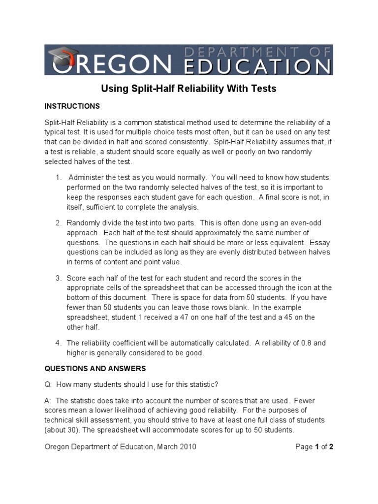 Split Half Reliability Pdf Spreadsheet Statistical Theory